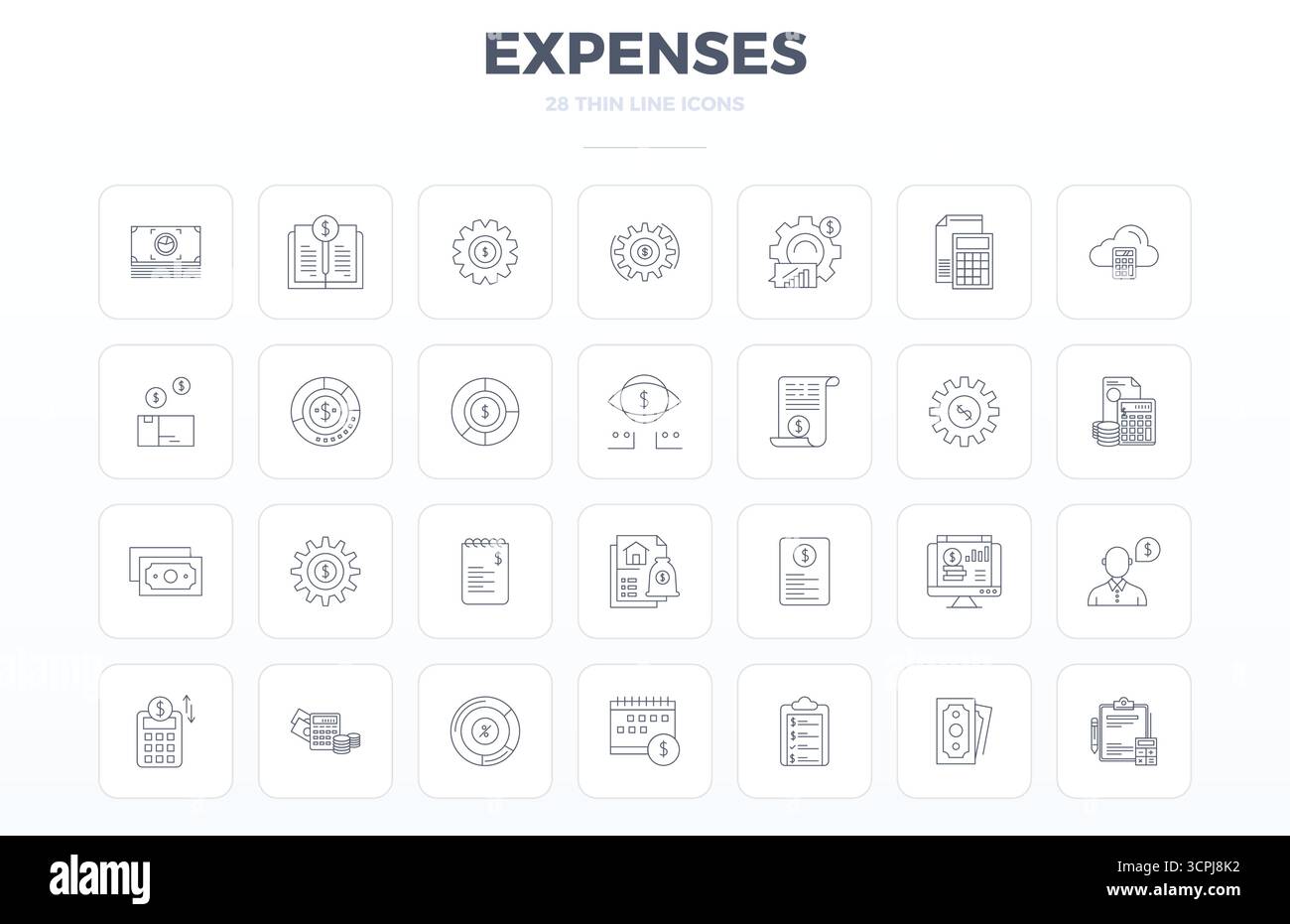 A clean collection of 28 Thin Outline vector icons representing ...