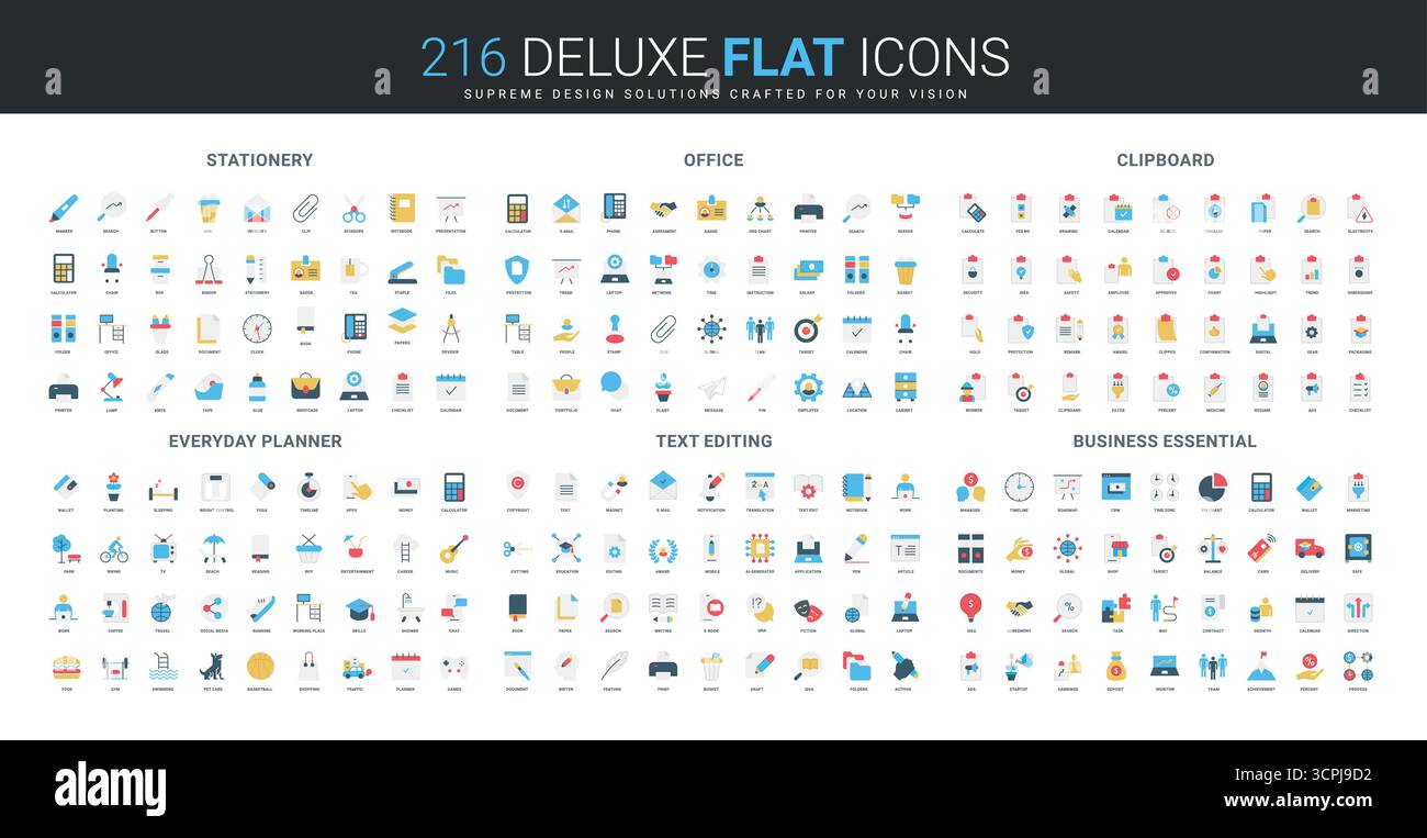Comprehensive set of flat icons covering stationery, office tools ...