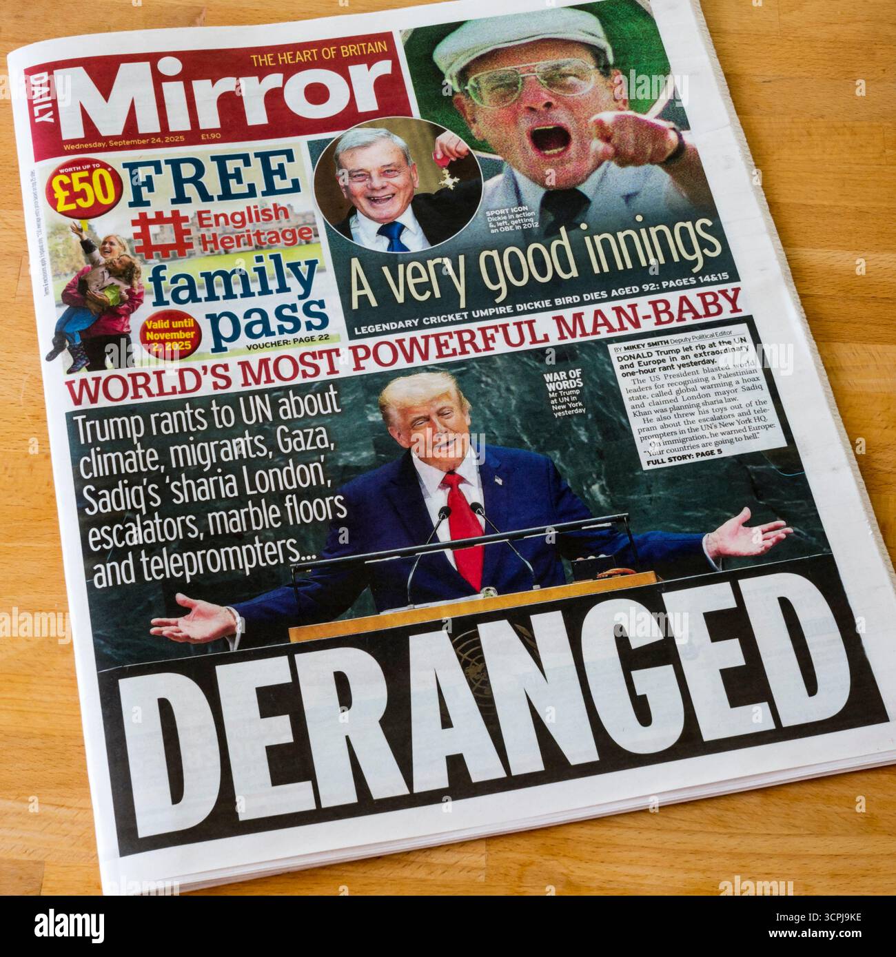 24 September 2025. Front page headline in The Daily Mirror reads ...