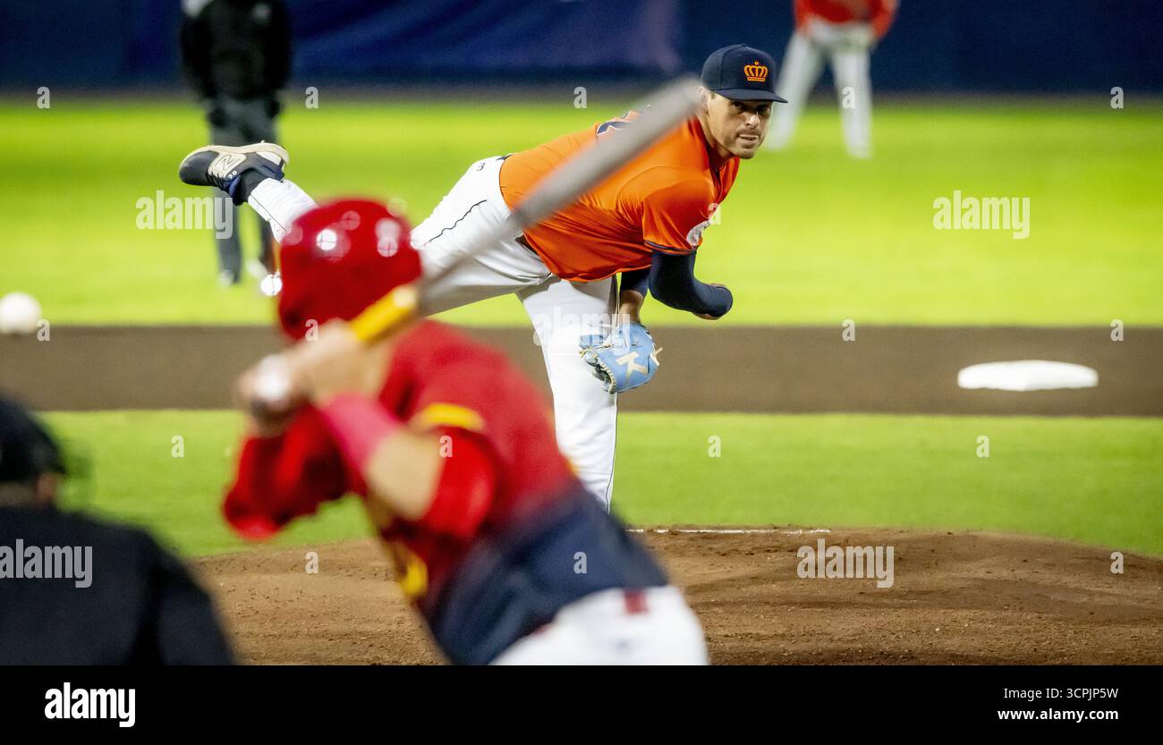ROTTERDAM - Baseball player Tom DE BLOK of the Netherlands in action ...