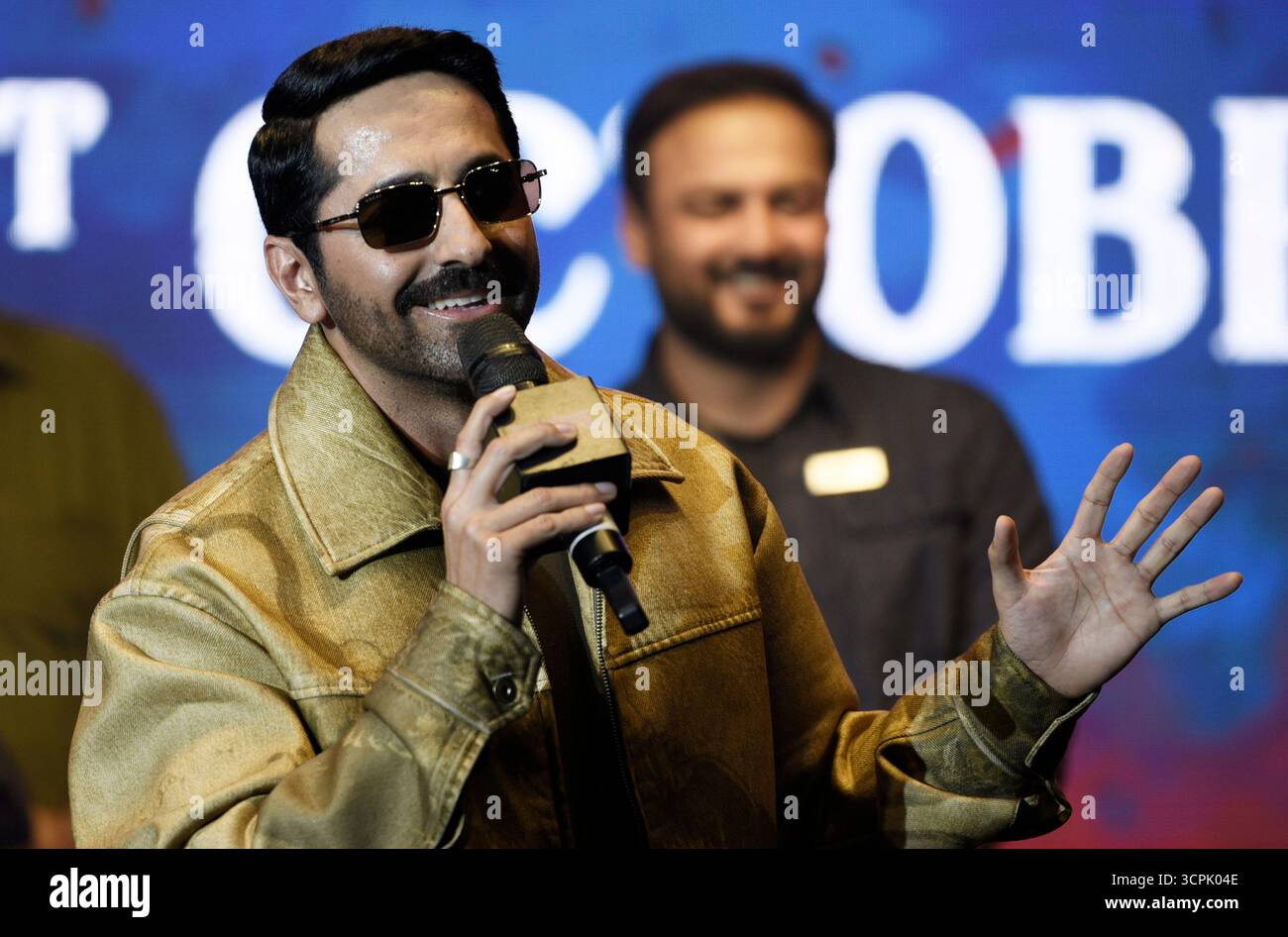 Indian actor and singer Ayushmann Khurrana speaks during a film trailer ...