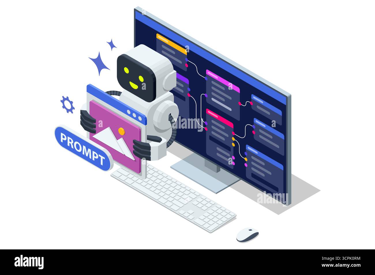 Isometric AI assistant to design a website or application on a large monitor, symbolizing ...