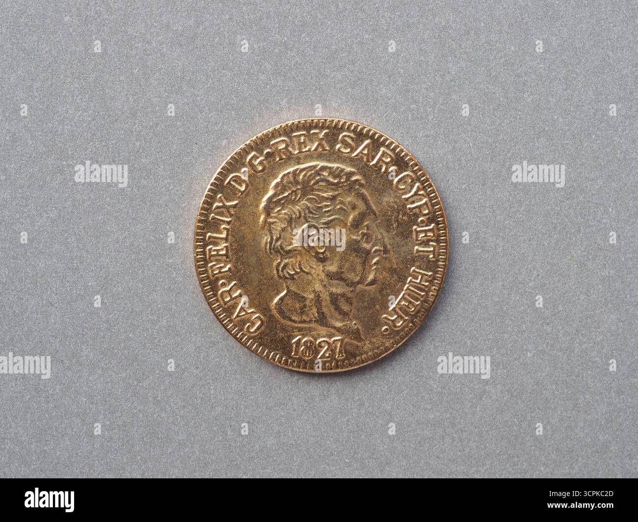 Five liras gold coin obverse showing King Charles Felix circa 1827 ...