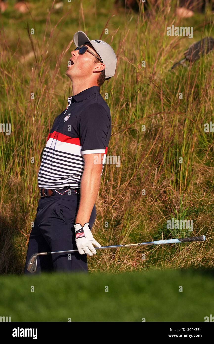 United States' Ben Griffin reacts on the 14th hole at Bethpage Black ...