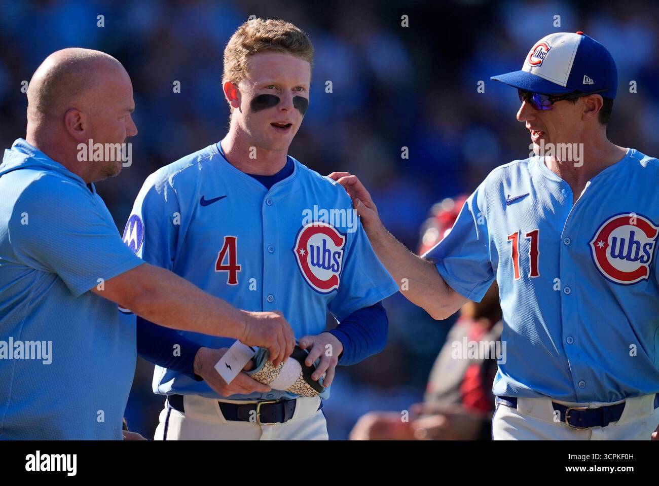 Chicago Cubs' Pete Crow-Armstrong (4) walks to first after getting hit ...