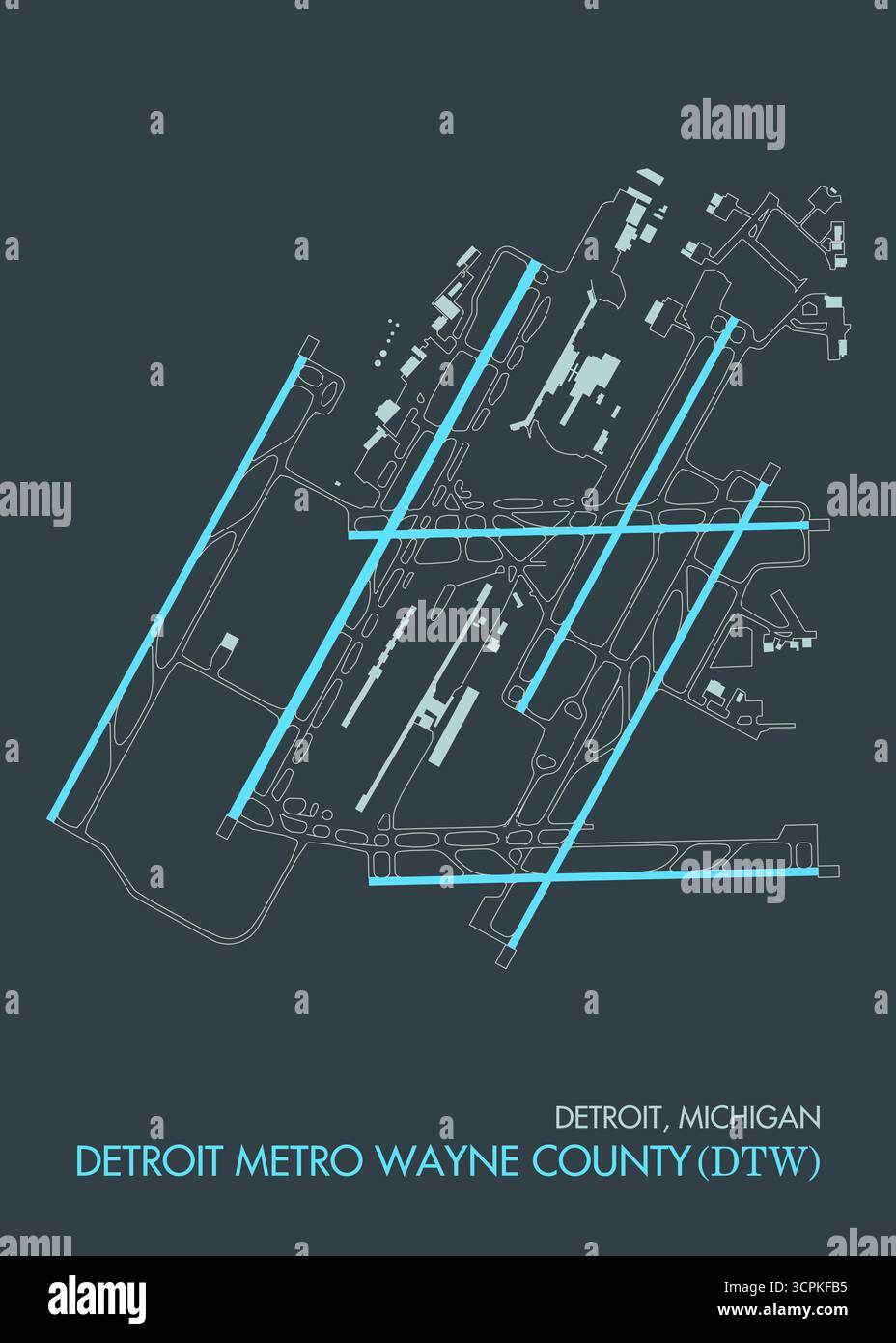 The image is a stylized map of Detroit Metro Wayne County Airport (DTW ...