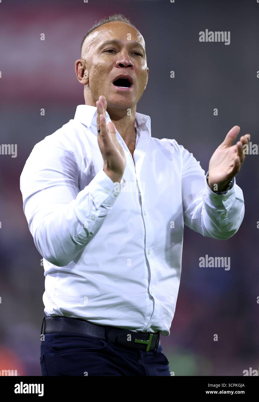 Leigh Leopards manager Adrian Lam celebrates after the Betfred Super ...