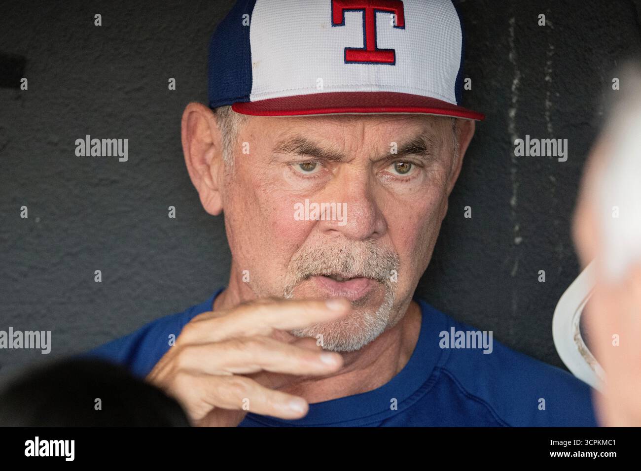 Texas Rangers manager Bruce Bochy speaks with reporters before the ...
