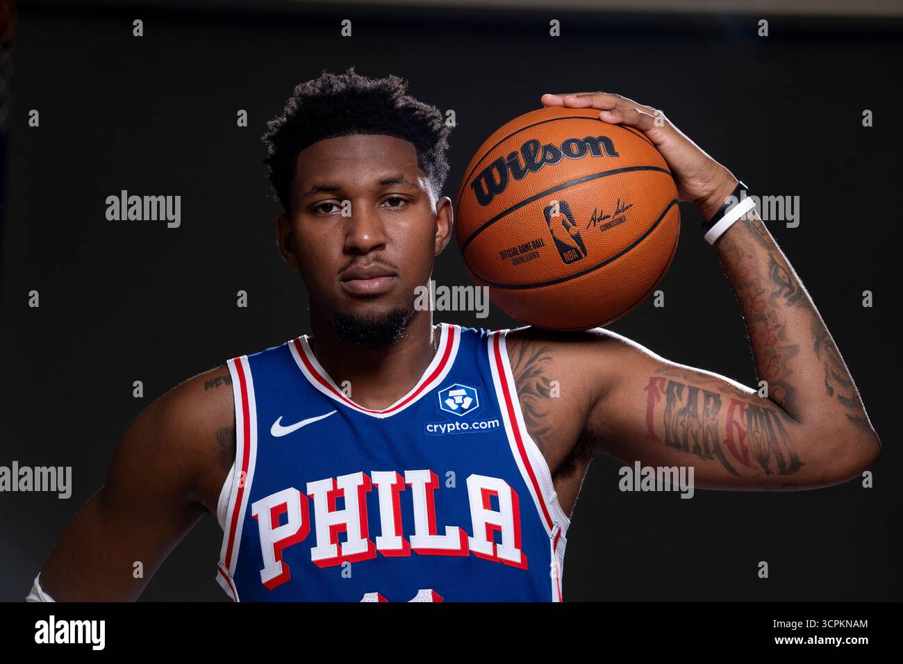 Philadelphia 76ers' Justin Edwards pose for photos during the NBA ...