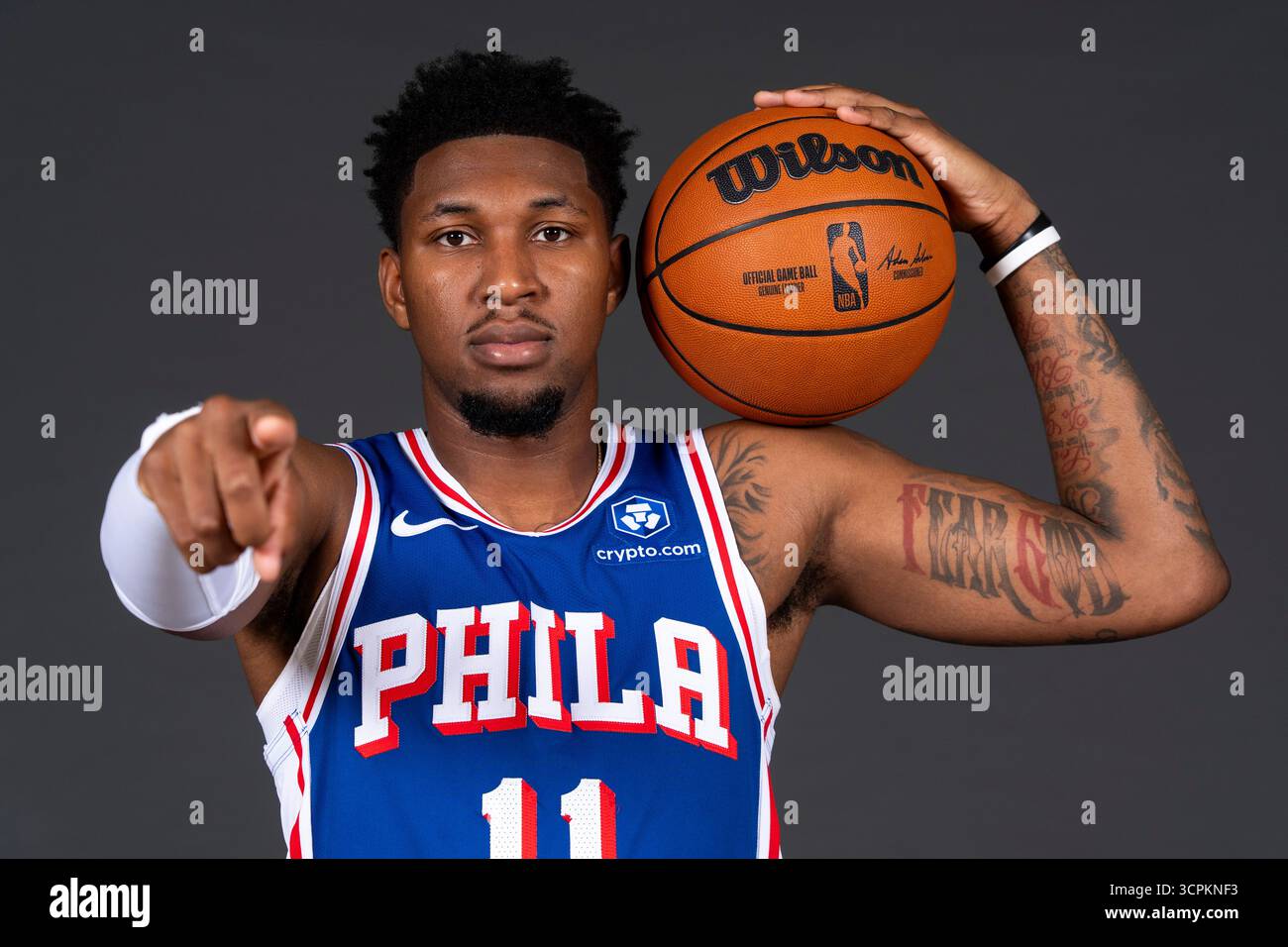 Philadelphia 76ers' Justin Edwards pose for photos during the NBA basketball team's media day ...