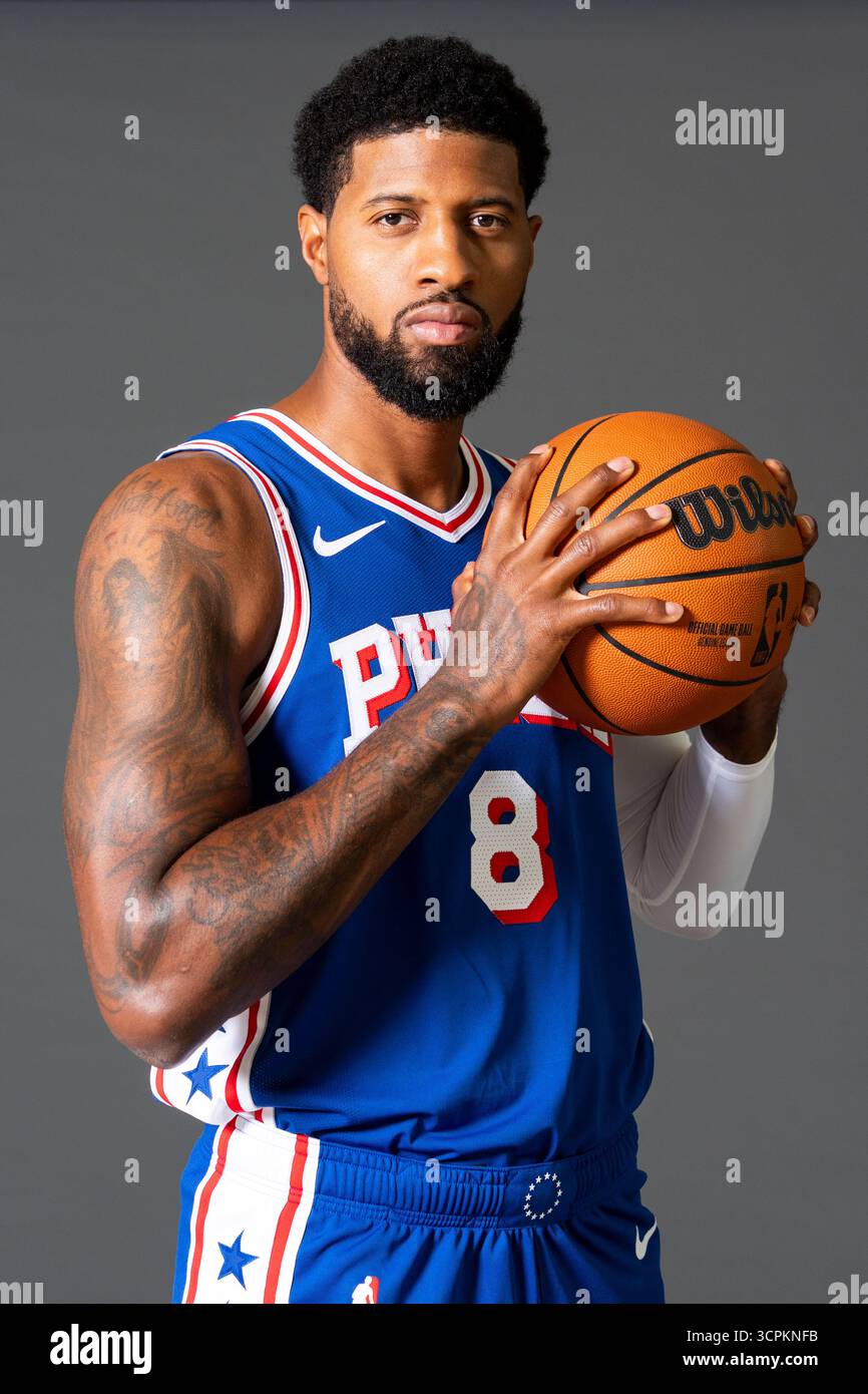 Philadelphia 76ers' Paul George pose for photos during the NBA ...