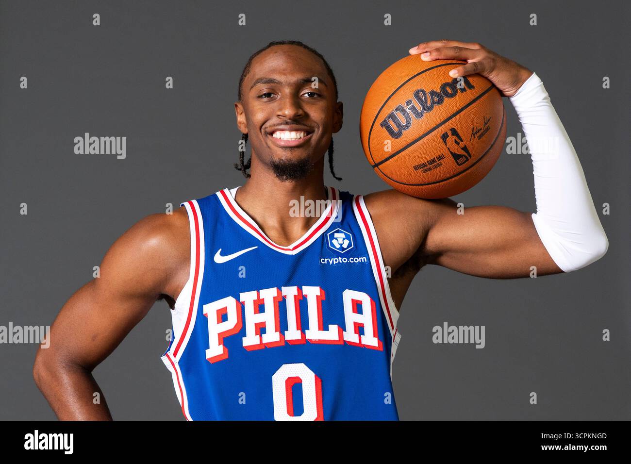 Philadelphia 76ers' Tyrese Maxey pose for photos during the NBA ...