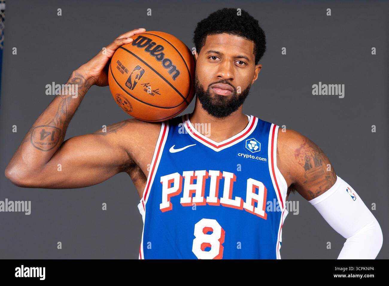 Philadelphia 76ers' Paul George pose for photos during the NBA ...