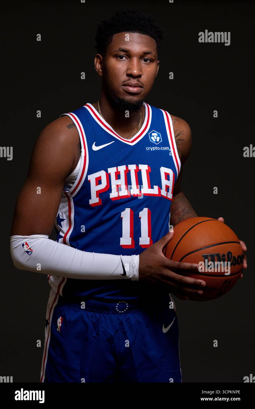 Philadelphia 76ers' Justin Edwards pose for photos during the NBA ...