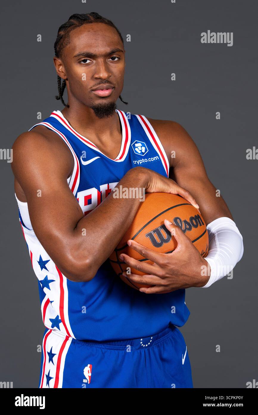 Philadelphia 76ers' Tyrese Maxey pose for photos during the NBA ...