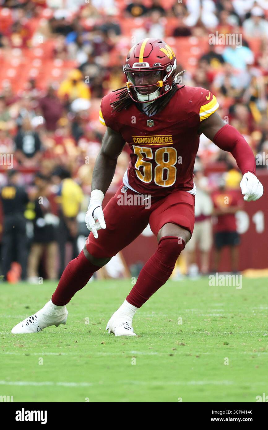 Washington Commanders linebacker Jordan Magee (58) rushes during an NFL ...