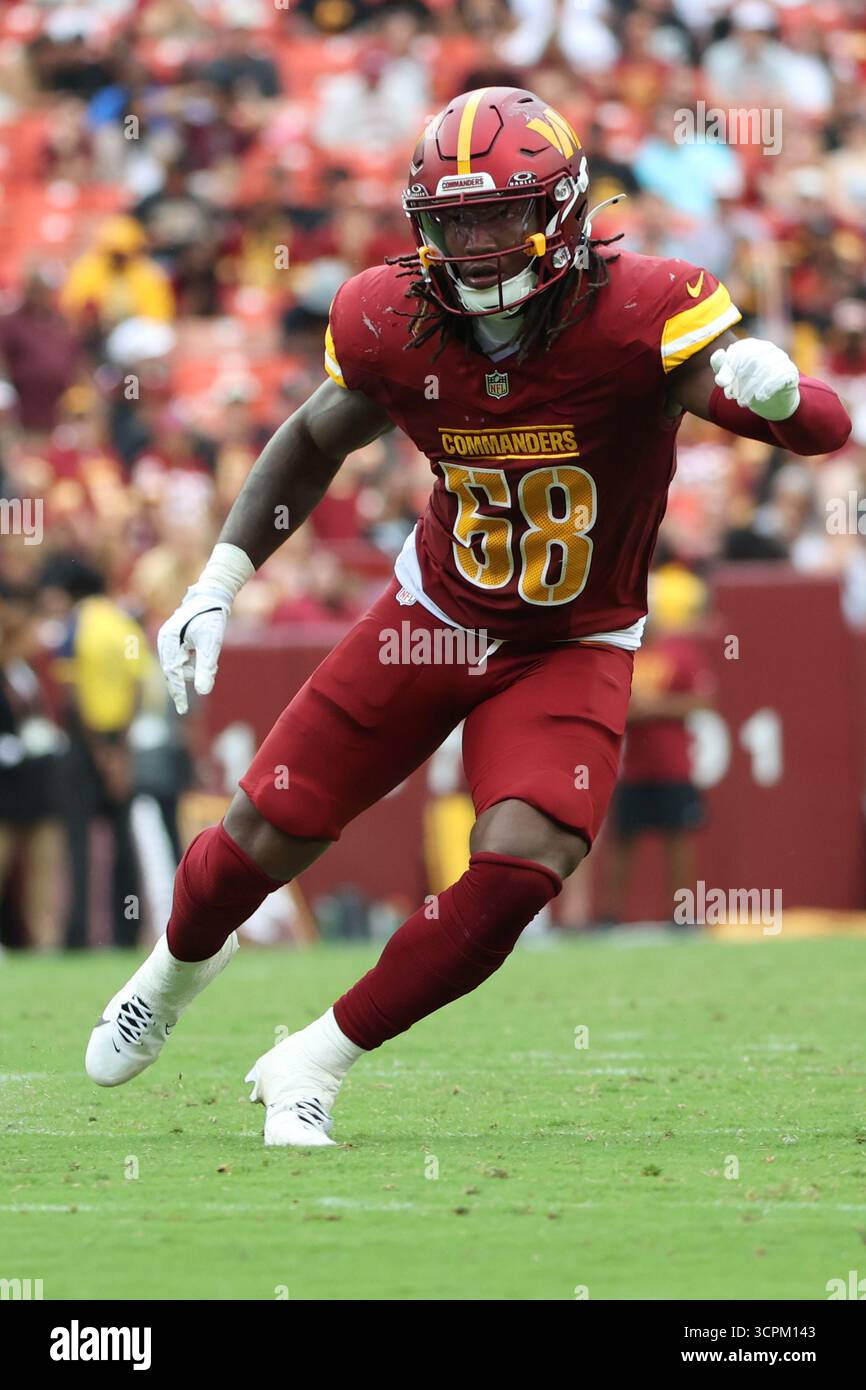 Washington Commanders linebacker Jordan Magee (58) rushes during an NFL football game against ...