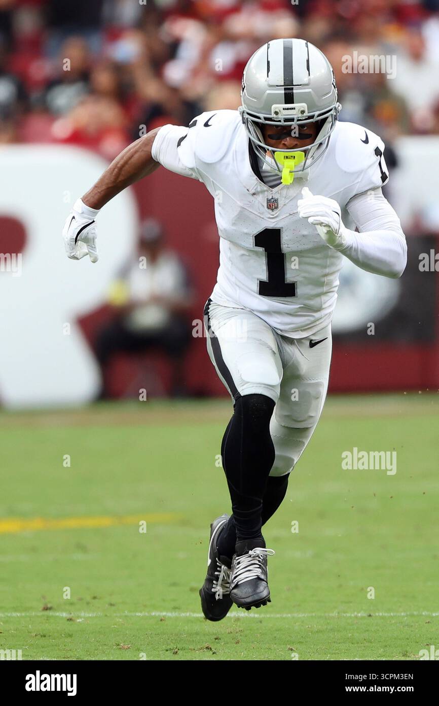 Las Vegas Raiders wide receiver Tre Tucker (1) runs a route during an ...
