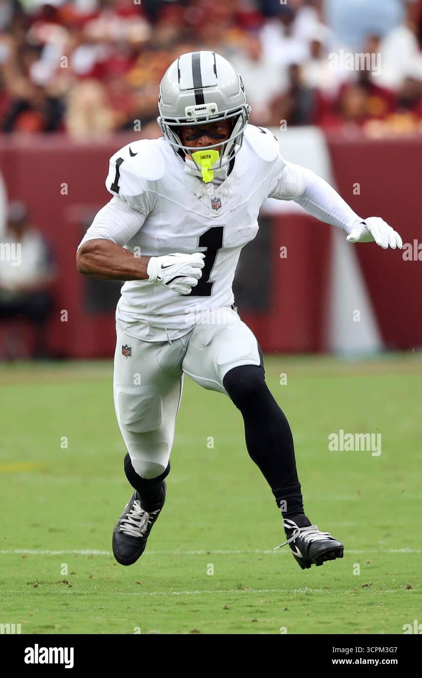 Las Vegas Raiders wide receiver Tre Tucker (1) runs a route during an ...