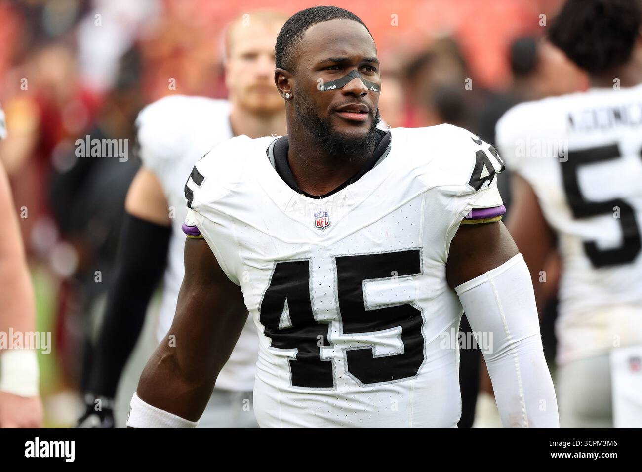Las Vegas Raiders linebacker Devin White (45) looks on after an NFL ...