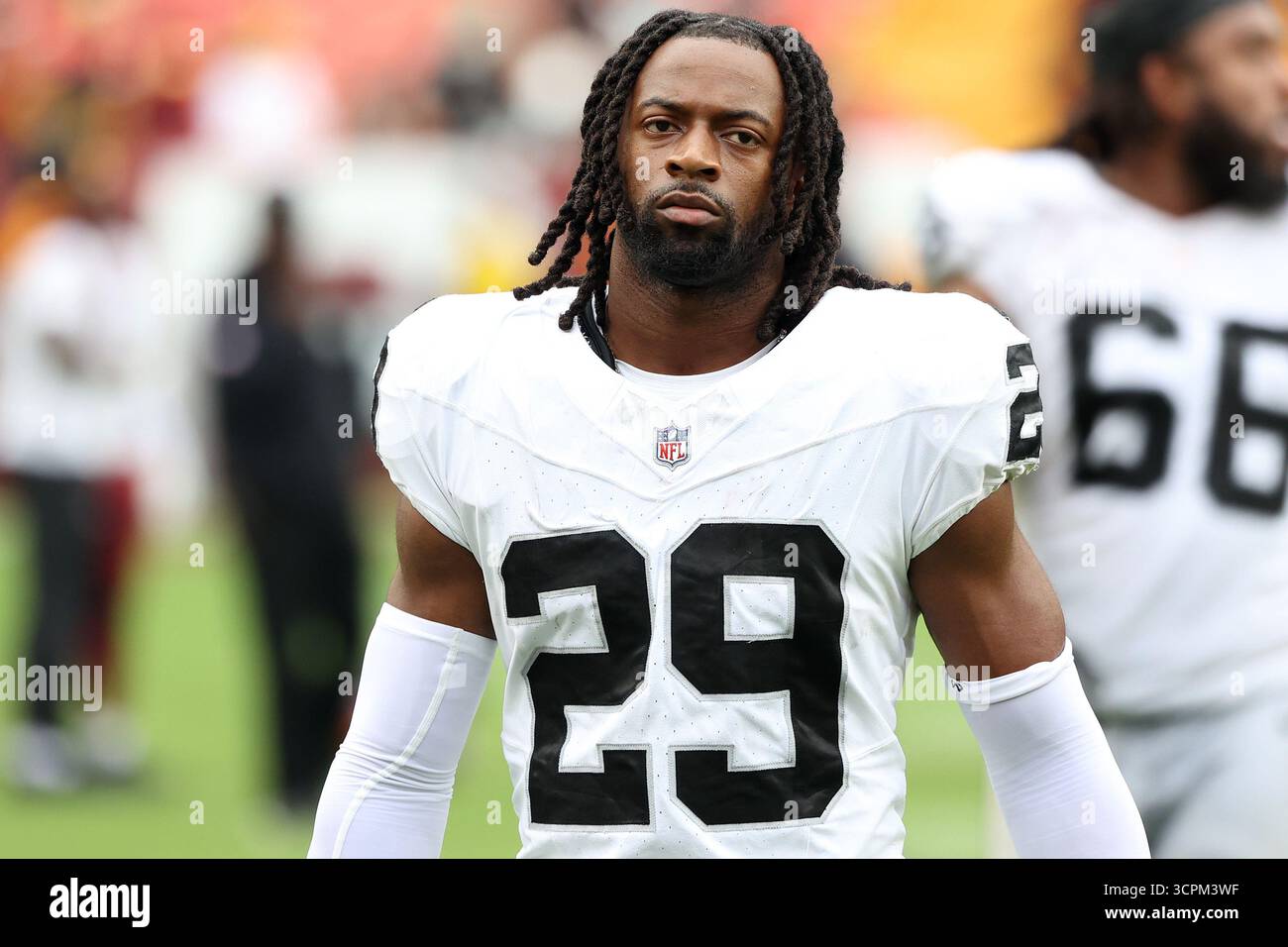 Las Vegas Raiders safety Chris Smith II (29) looks on after an NFL ...