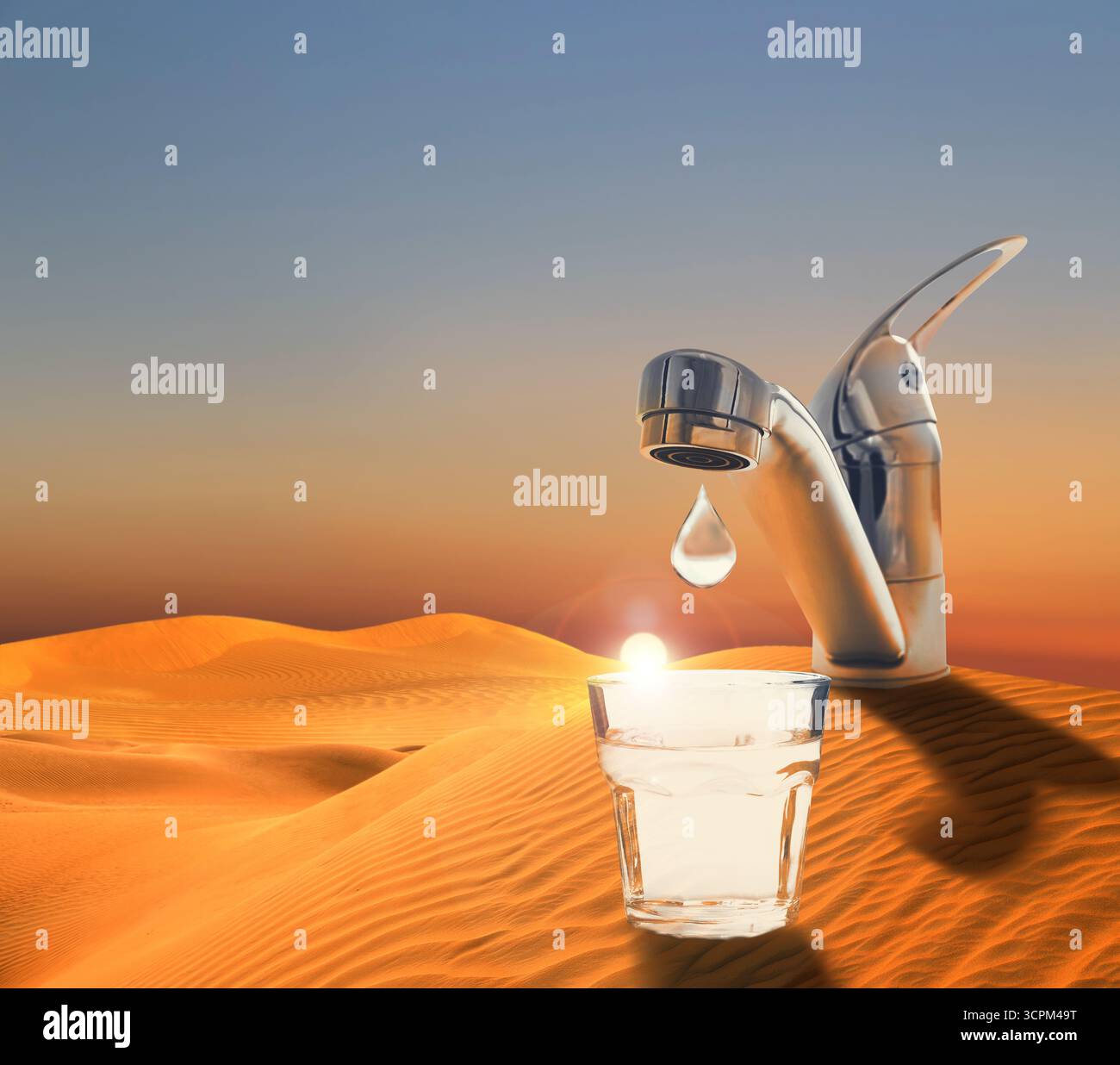 Save water concept. Glass under tap with dripping water in desert Stock ...