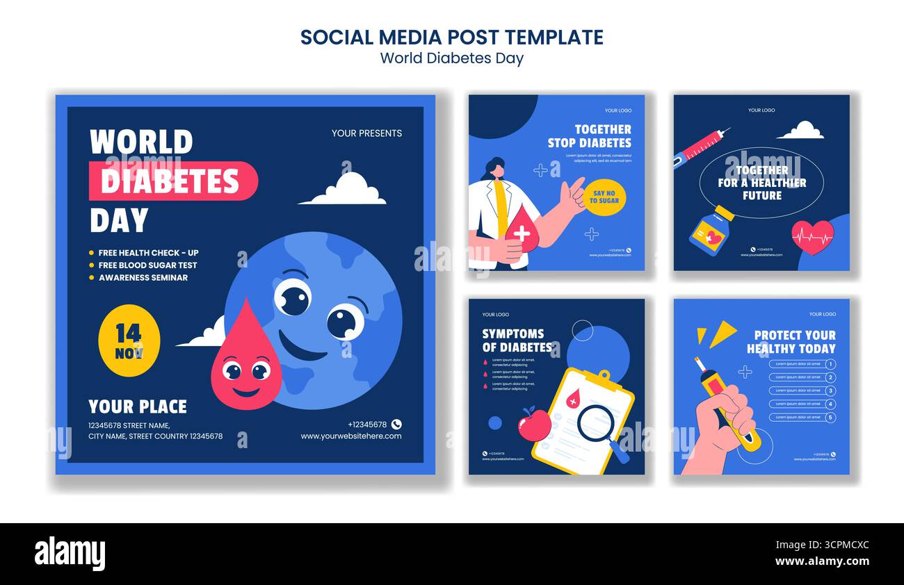 Social Media Post Design for World Diabetes Day Flat Cartoon Hand Drawn ...