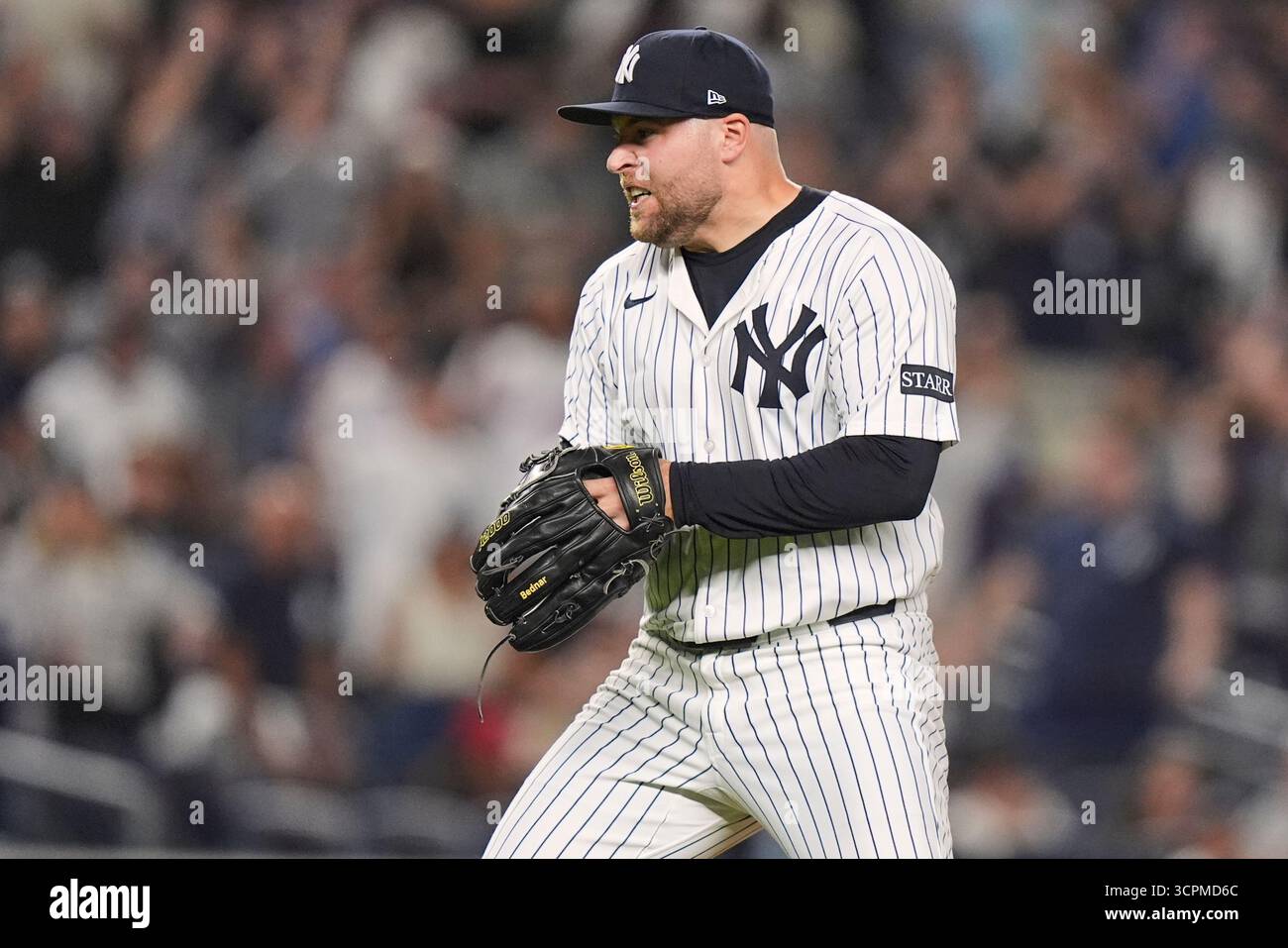 New York Yankees pitcher David Bednar celebrates after a baseball game ...