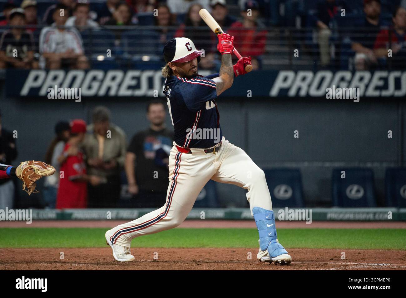 Cleveland Guardians' Gabriel Arias watches his single off Texas Rangers ...