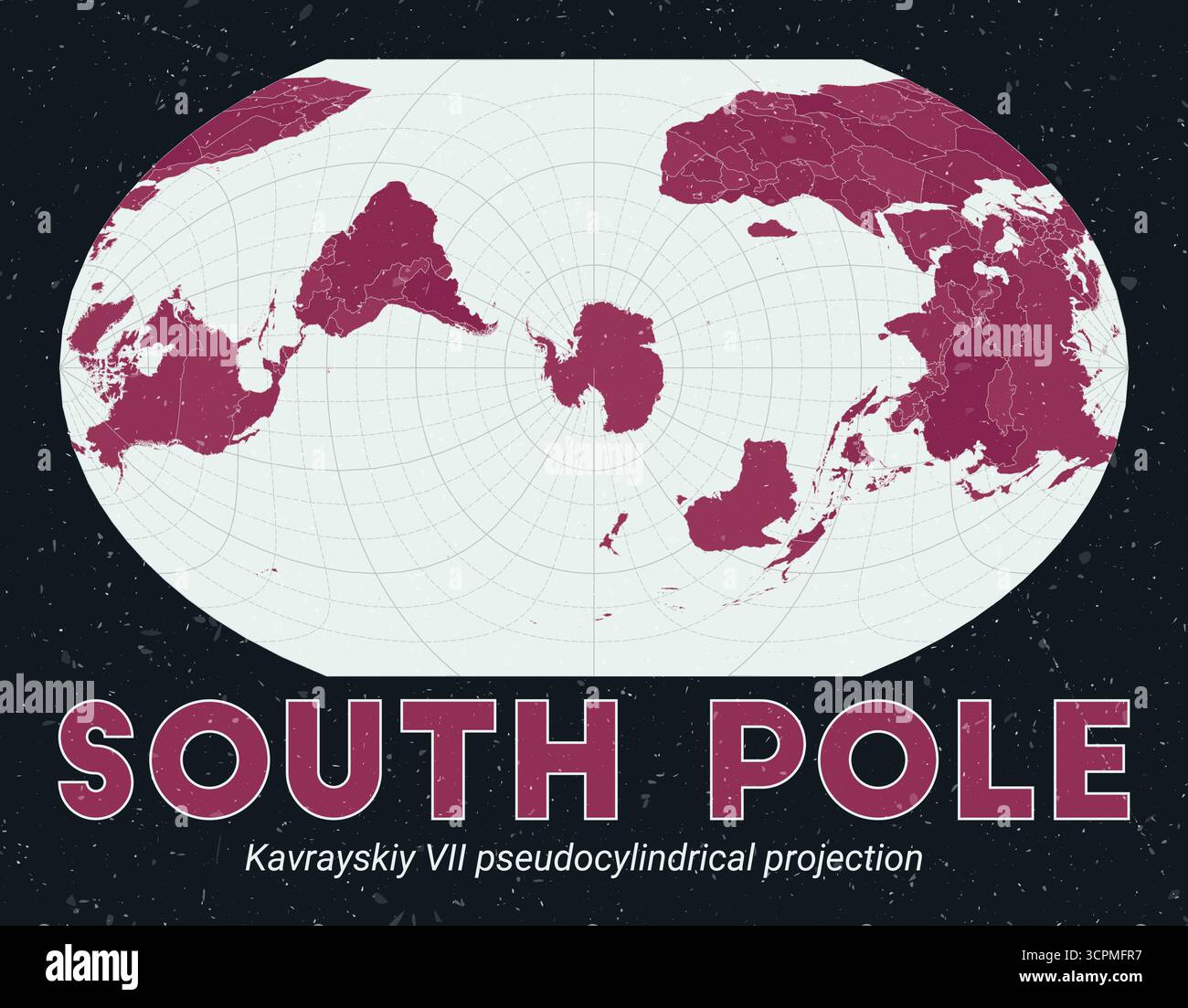 South Pole. World map. Kavrayskiy VII pseudocylindrical projection ...