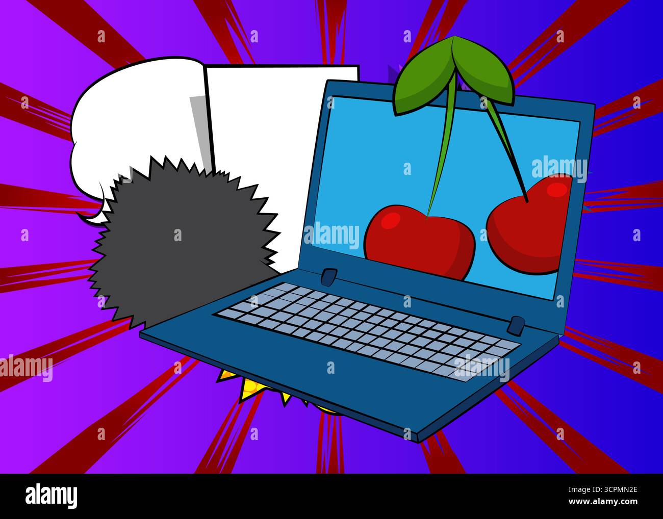 Cartoon Laptop, comic book Notebook with Cherry. Retro vector comics ...
