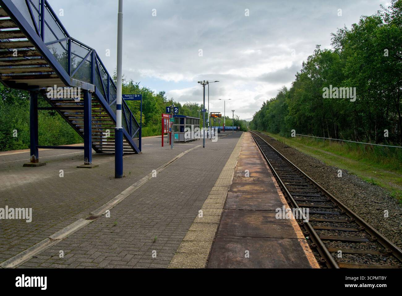Platform view at Rose Grove Railway Station, Burnley, showing an empty ...