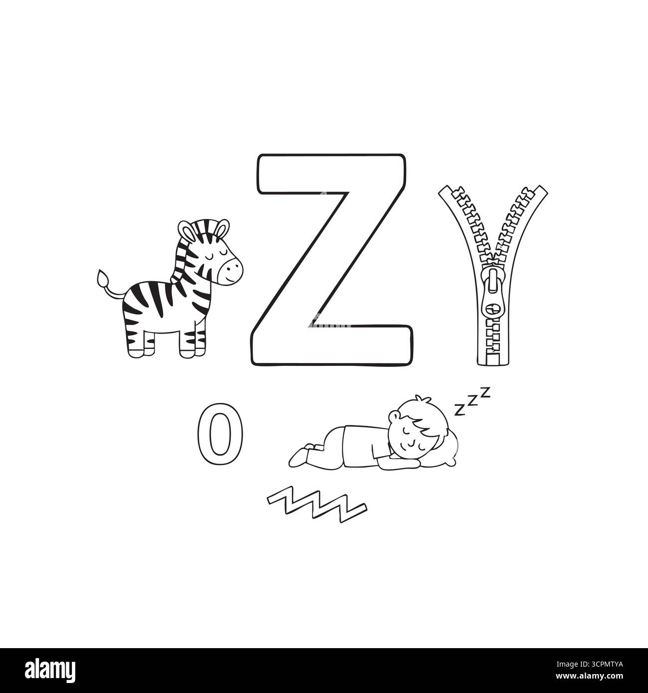 Letter Z alphabet coloring page with zebra and zipper for kids Stock ...