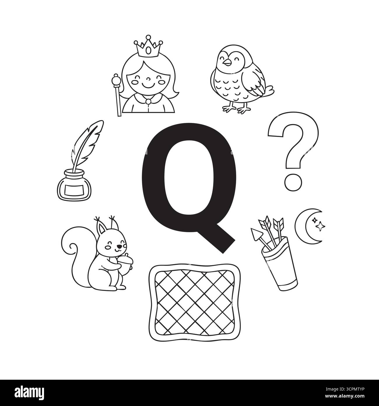 Letter Q alphabet coloring page for kids with cute illustrations Stock ...