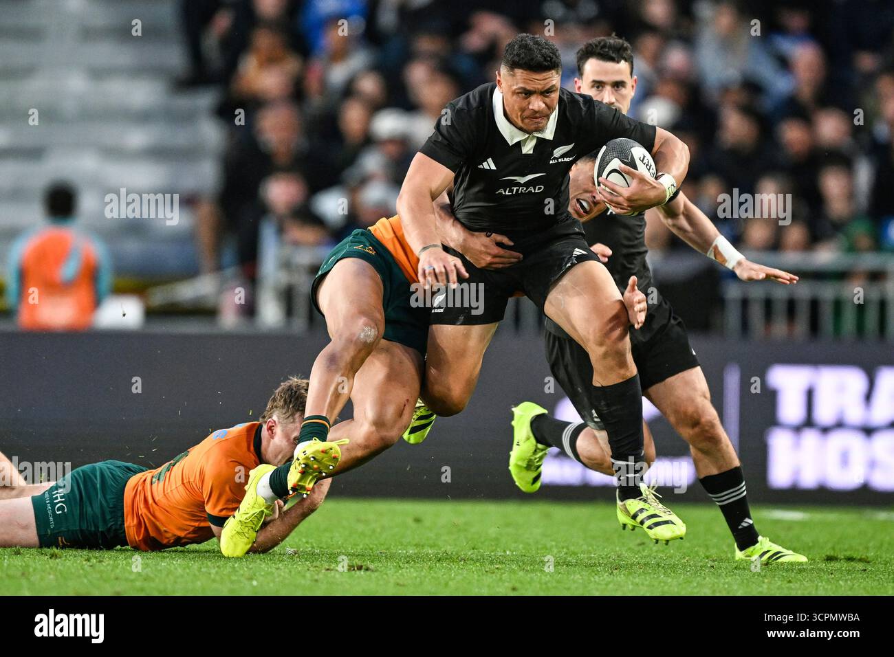New Zealand's Caleb Clarke runs at the defence during the Bledisloe ...