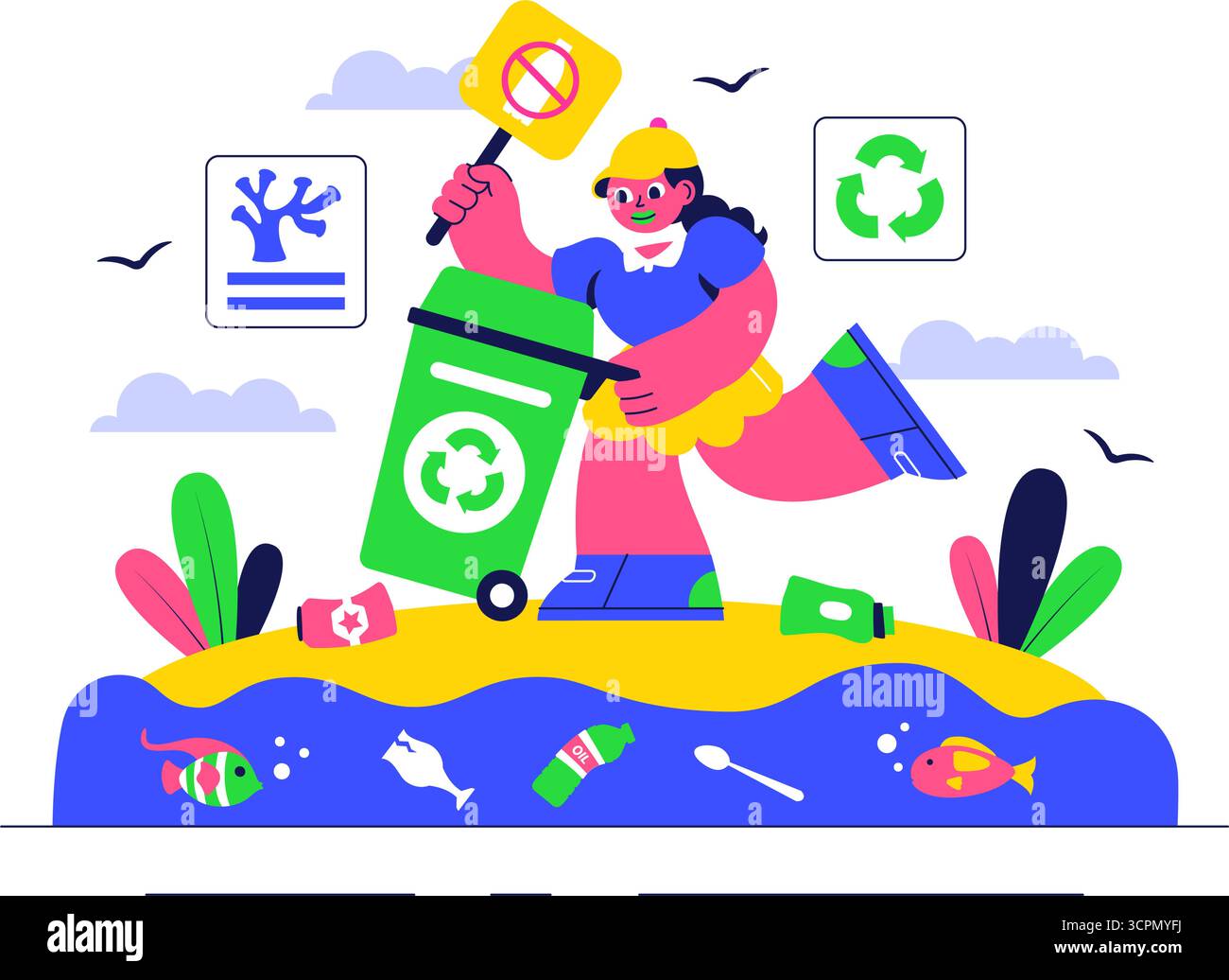 Ocean Cleanup Campaign Illustration Featuring Cleaning the Sea Beach ...