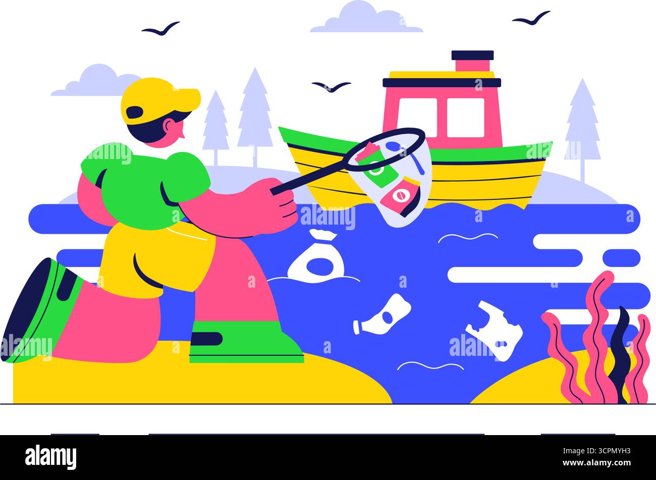 Ocean Cleanup Campaign Illustration Featuring Cleaning the Sea Beach ...