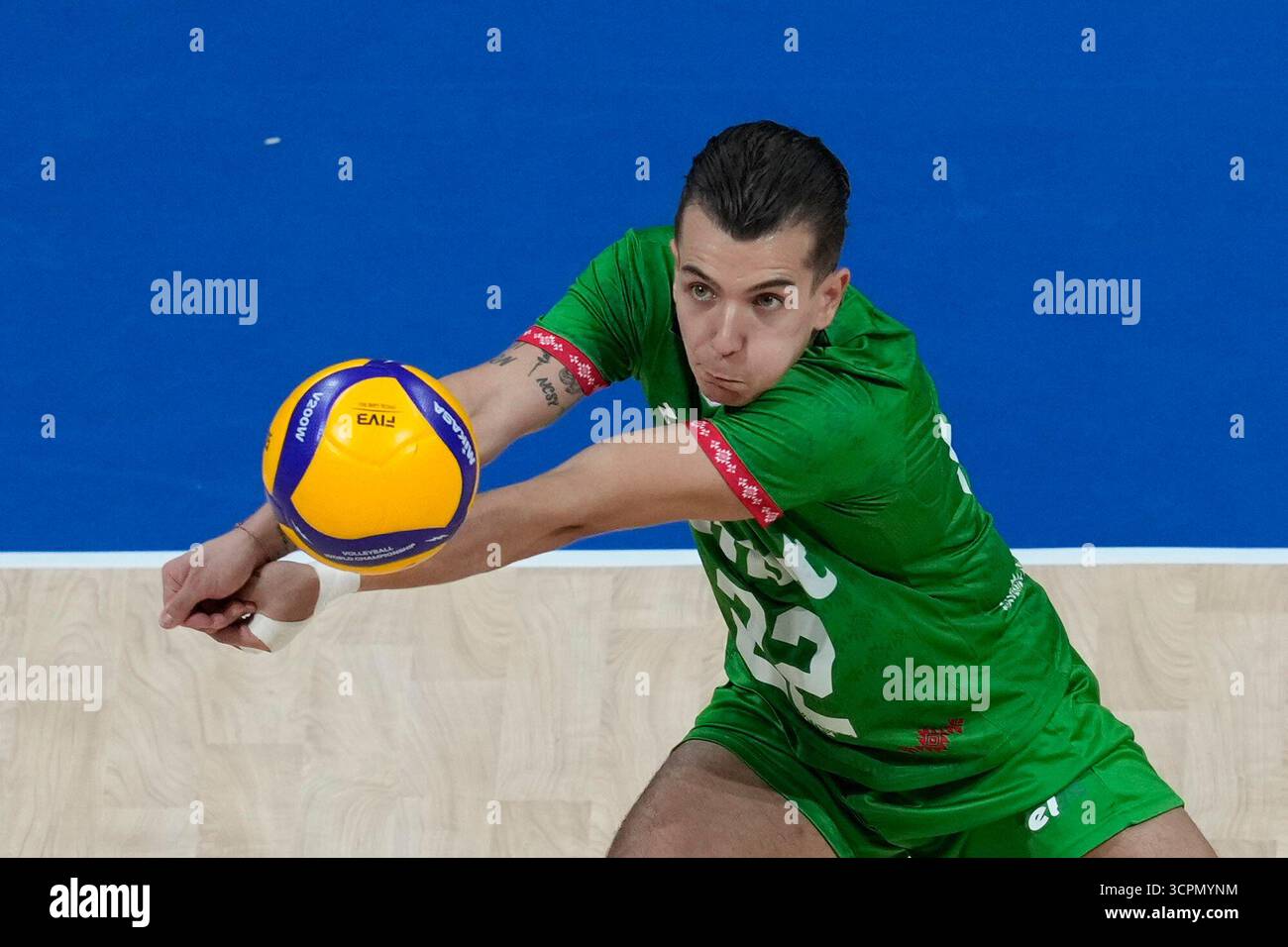 Damyan Kolev, Bulgarian libero, reaches for the ball at the 2025 FIVB ...
