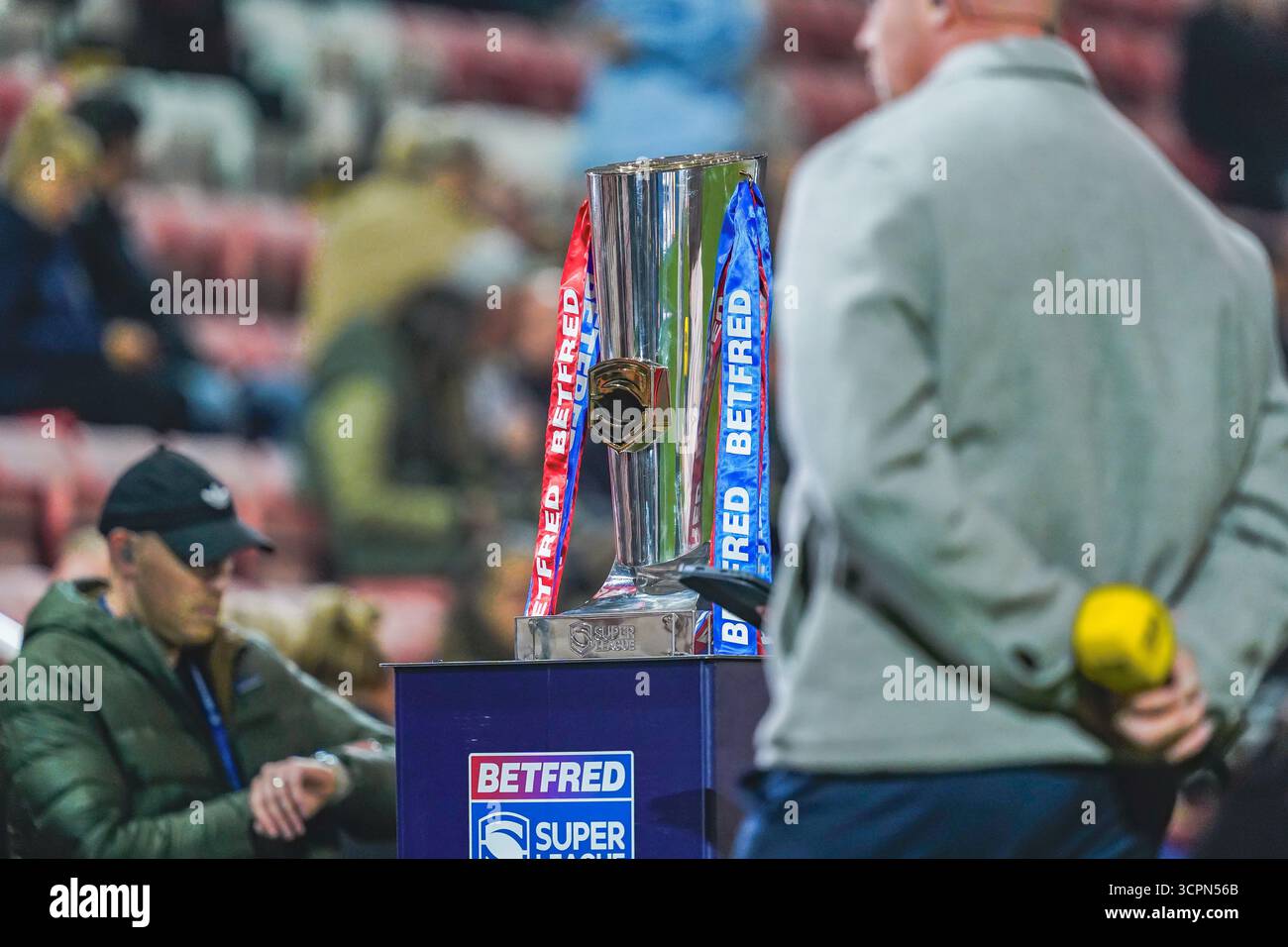 LEIGH, ENGLAND - September 26: The Super League Trophy on display ...