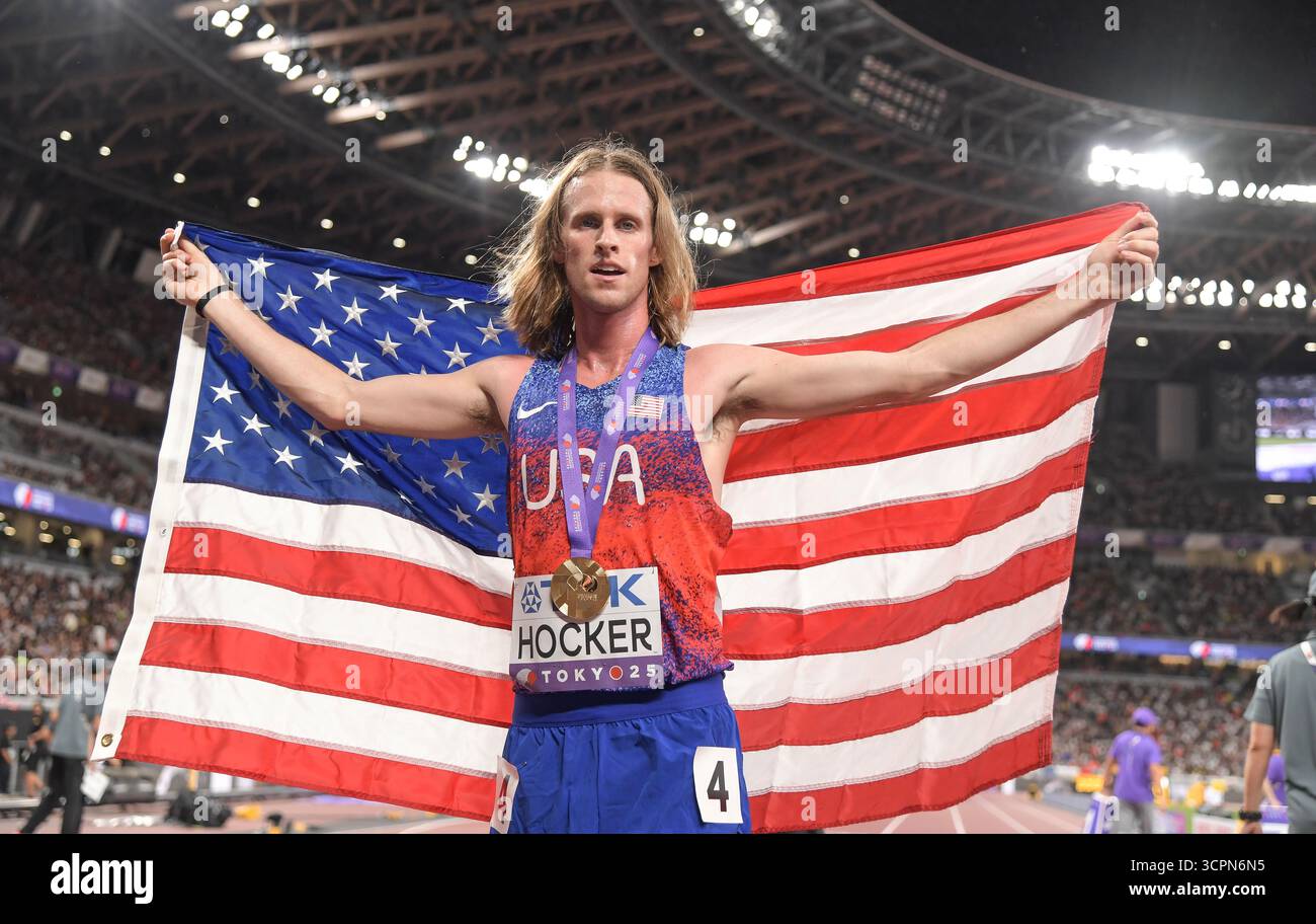 Cole Hocker of the USA celebrates his gold medal in the 5000m men’s ...