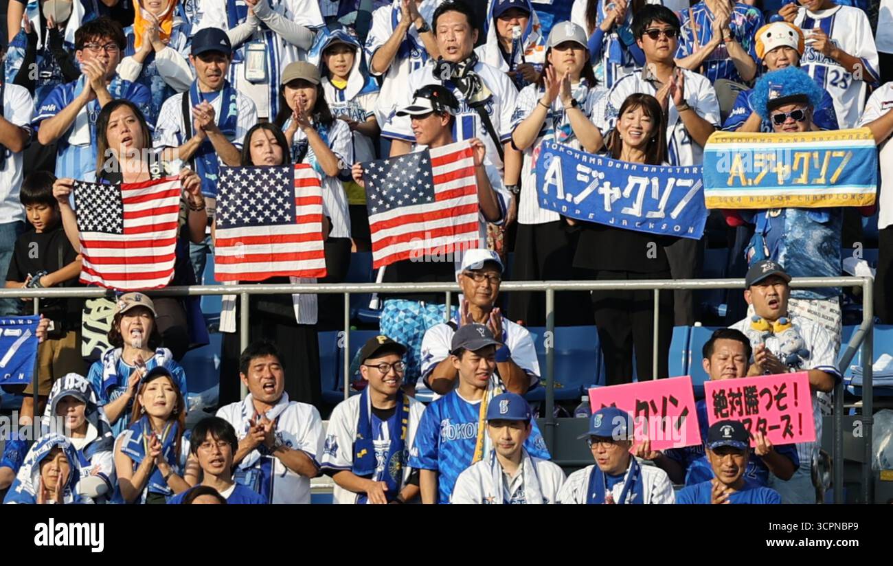Yokohama DeNA Baystars fans cheer Andre Jackson of the United States ...