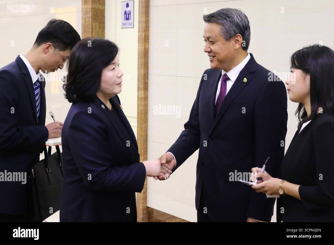 North Korean Foreign Minister Choe Son Hui, center left, is greeted by ...