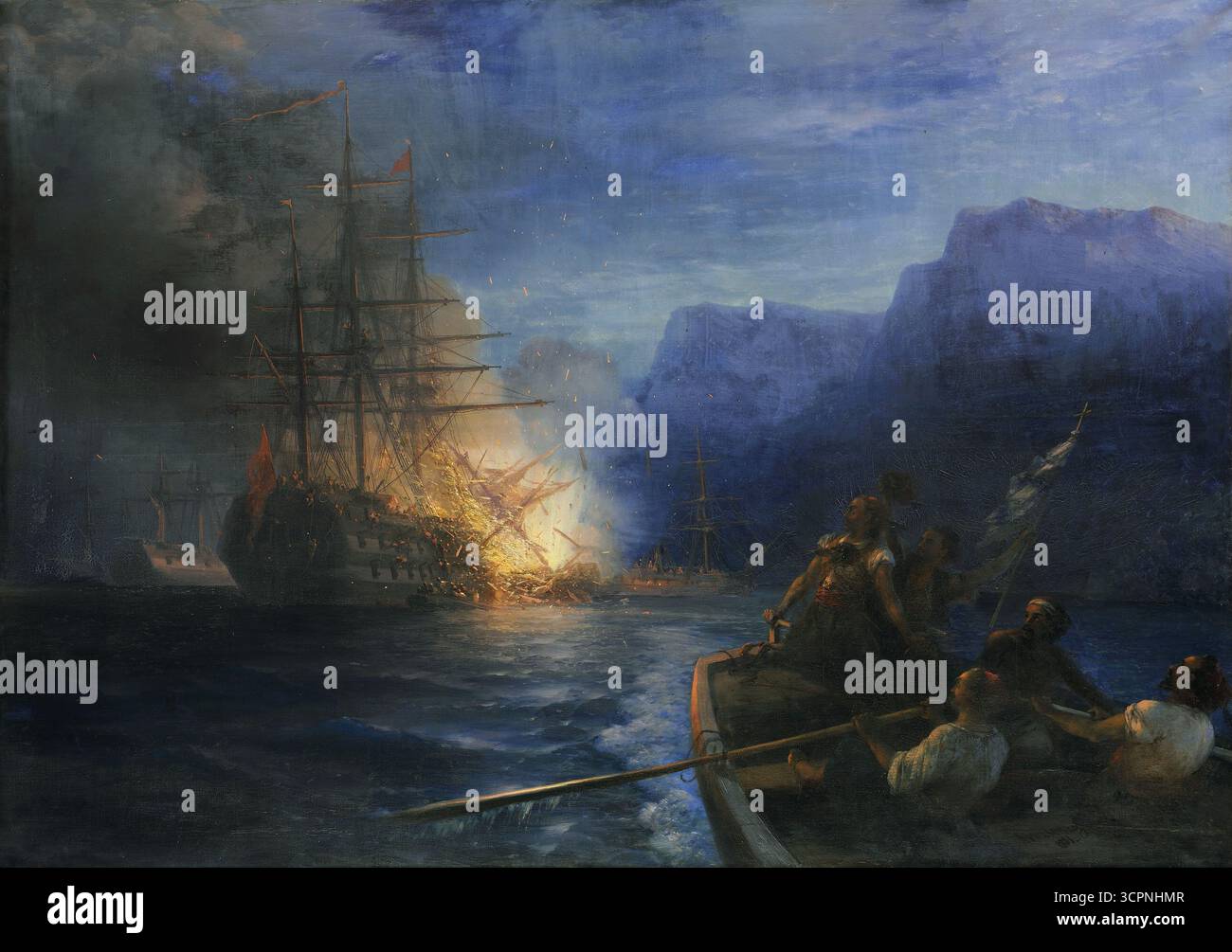 The Burning of the Ottoman flagship off Chios by Konstantinos Kanaris ...
