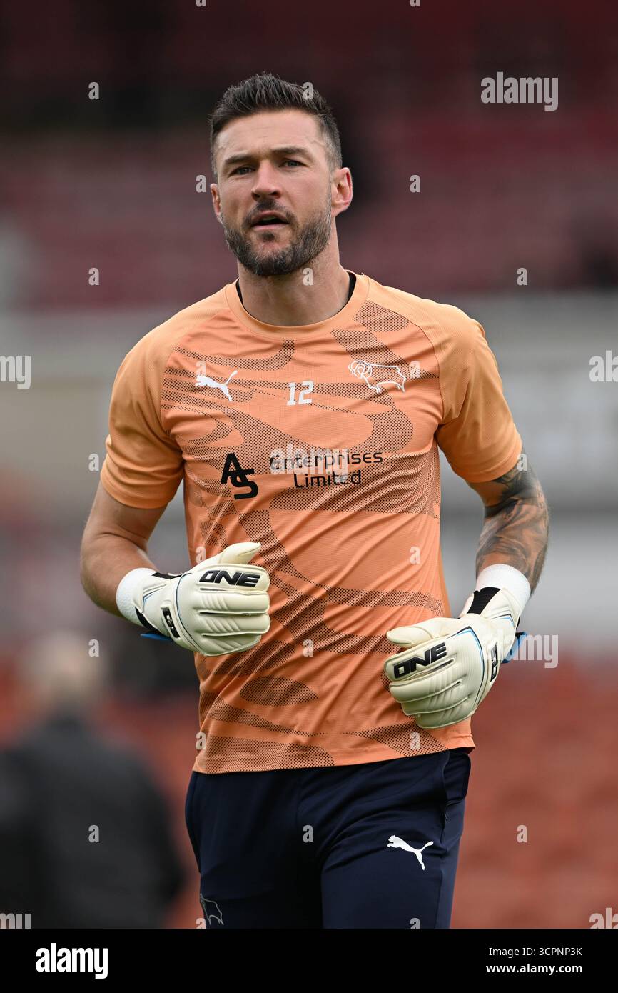 Derby County goalkeeper Richard O'Donnell warms up before the Sky Bet ...