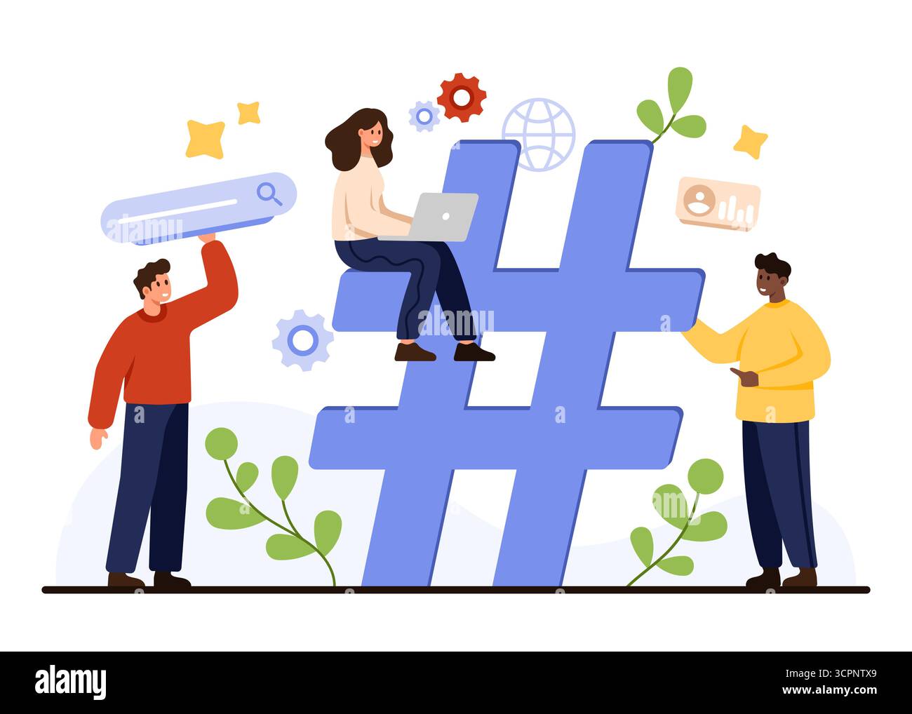 Social media users interacting around giant hashtag symbol, digital ...