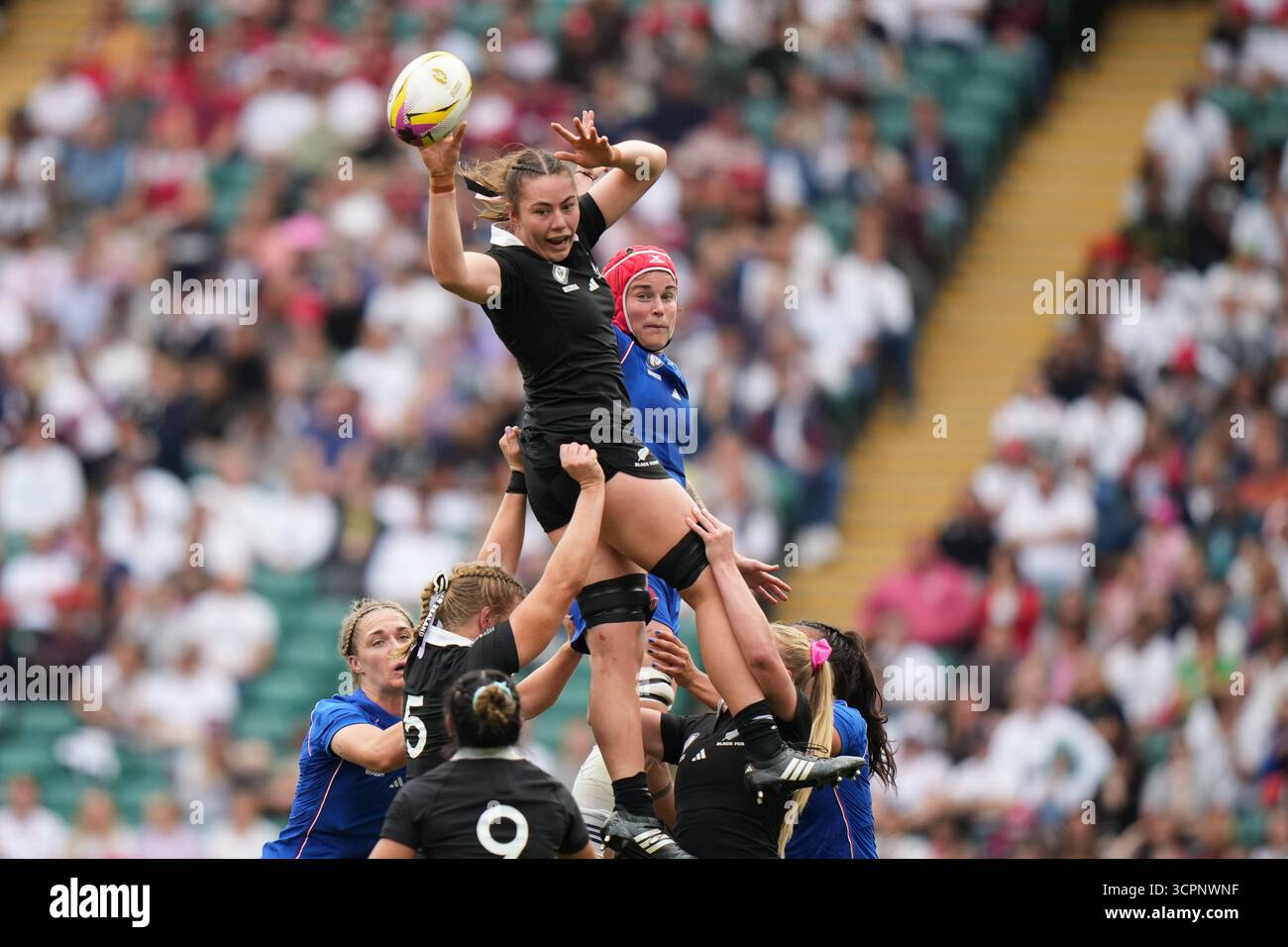 New Zealand's Maiakawanakaulani Roos jumps for the ball during the ...
