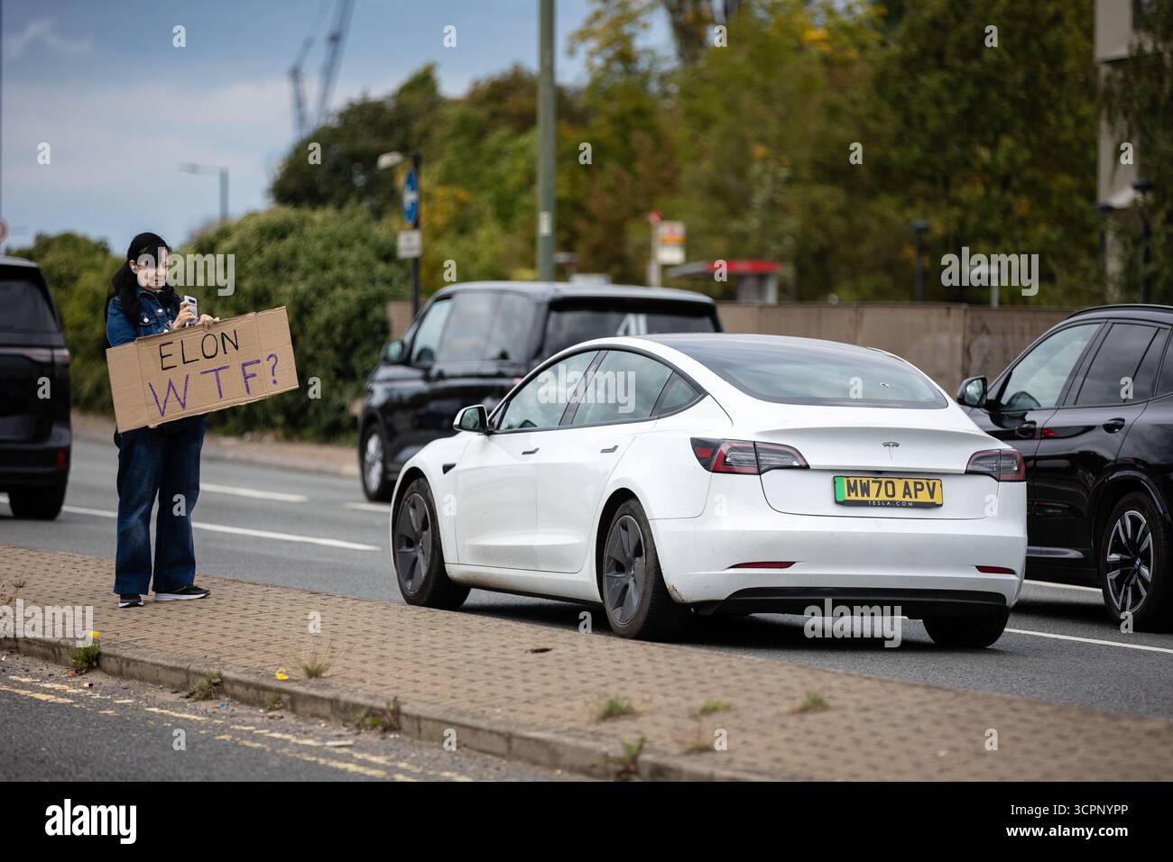 LONDON, UK - 27 Sep 2025: Activists from campaign group Tesla Takedown ...