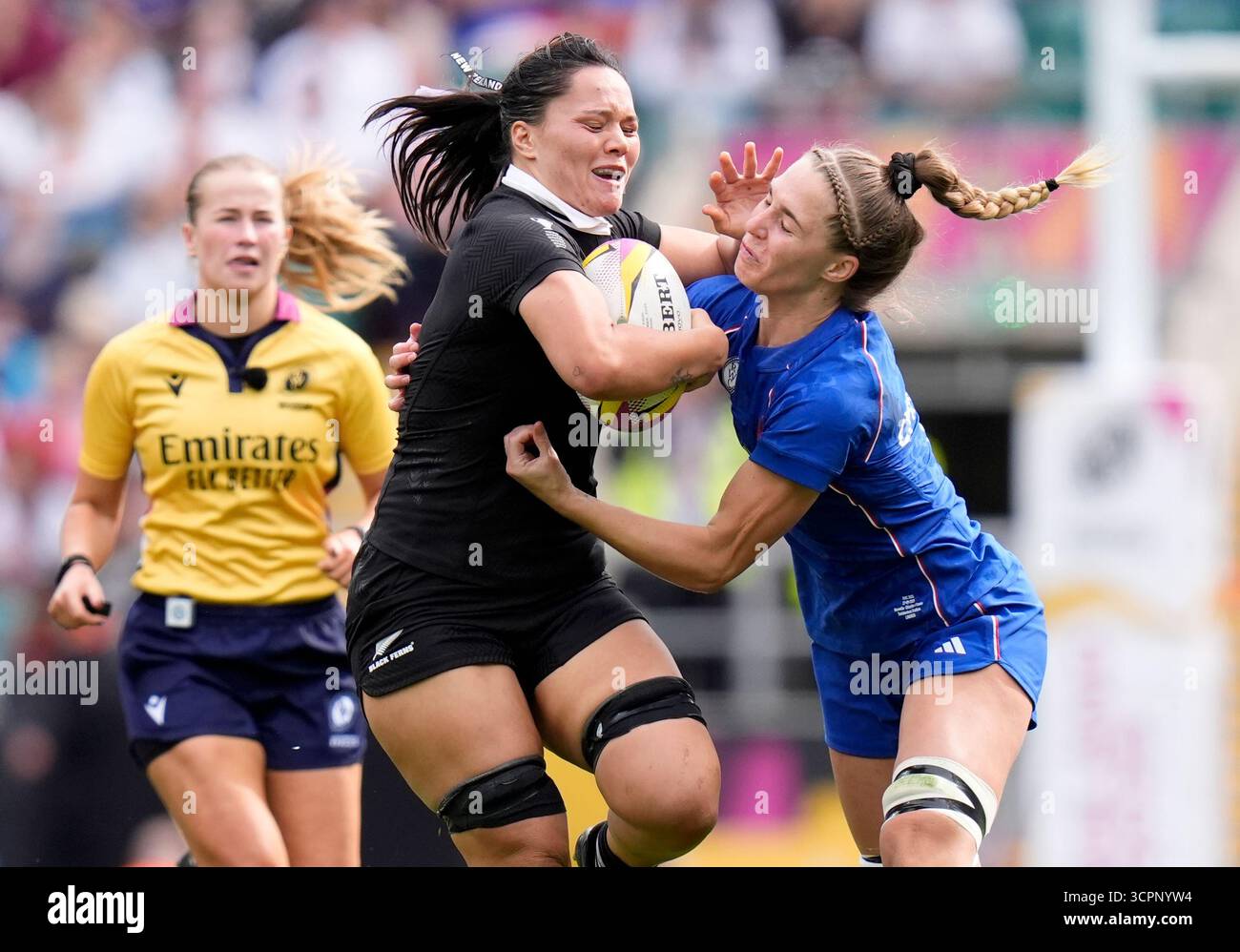 New Zealand's Kaipo Olsen-Baker (left) is tackled by France's Lea ...
