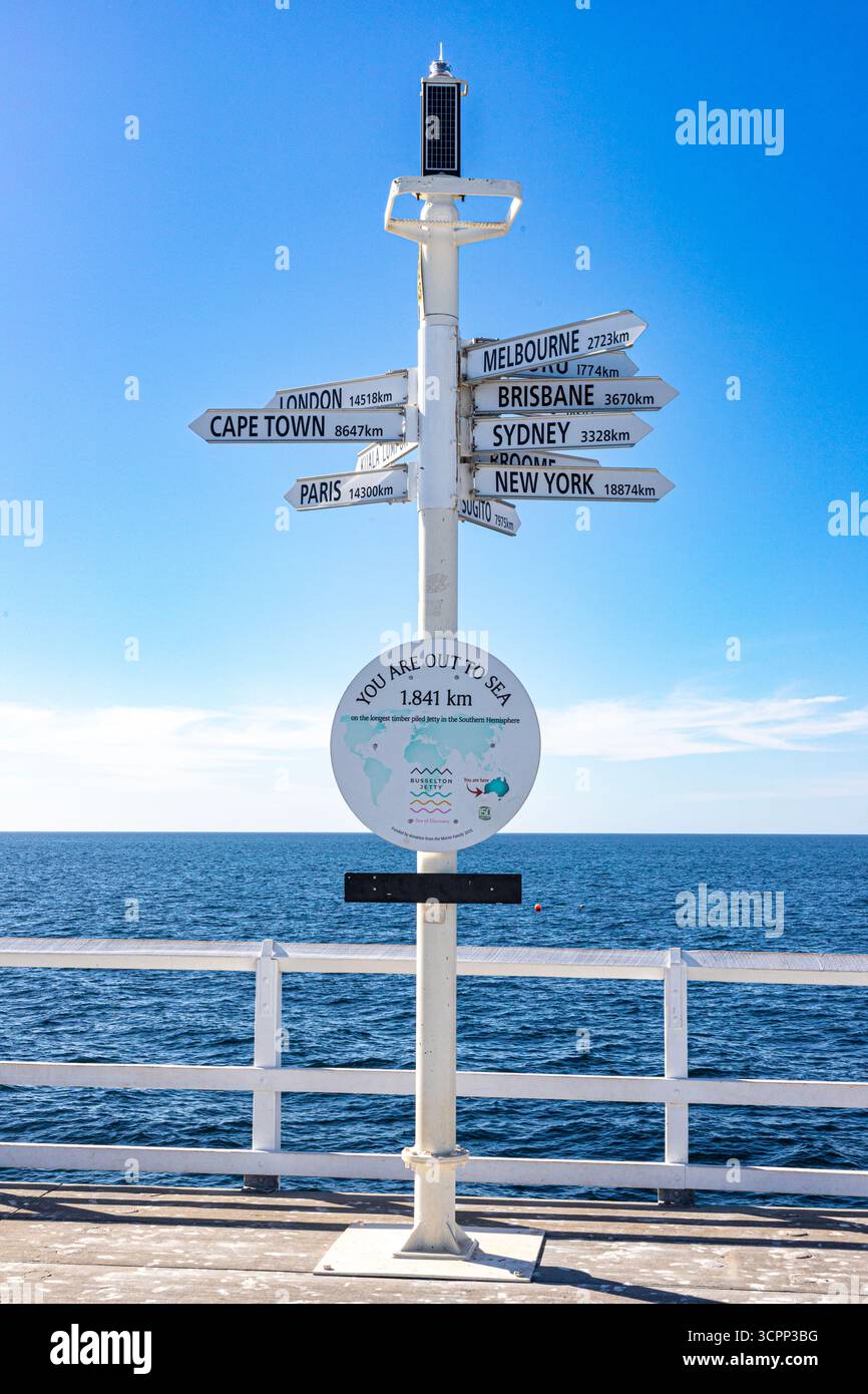 Sign at the end of the 19th century timber jetty 1.841 km long ...