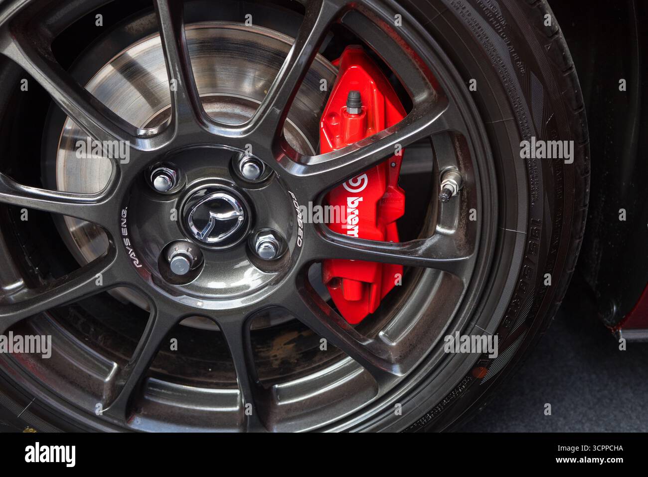 Turin, Italy. 26th September 2025. Red Brembo brakes mounted on a Mazda ...
